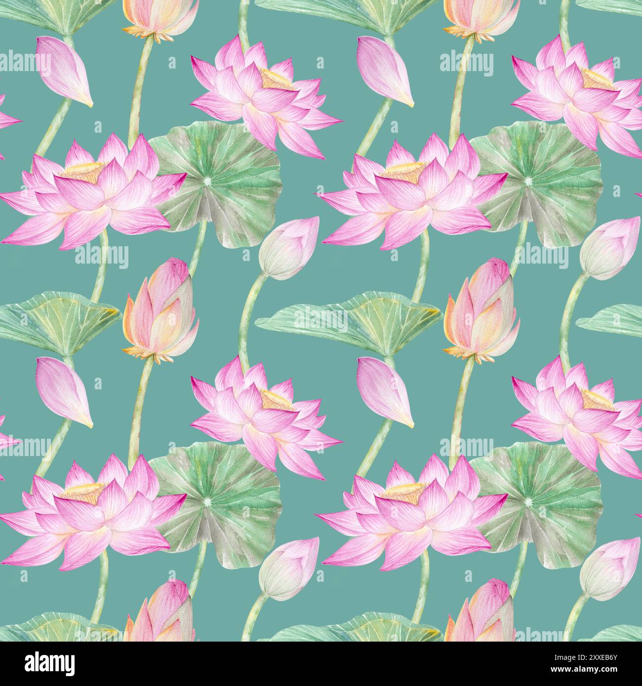 Seamless pattern with watercolor flowers lotuses lotuses, buds and ...