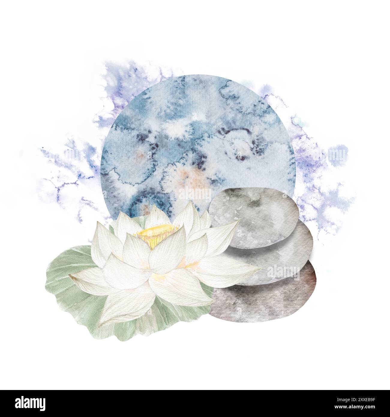 Watercolor illustration white lotus flower with leaf and pyramid of ...