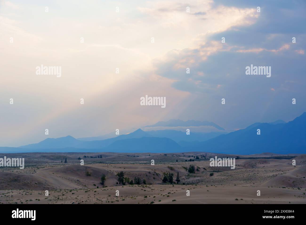 A vast landscape of rolling desert dunes under a dramatic sky, with ...