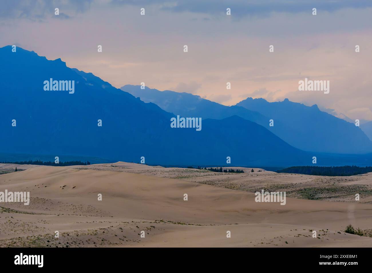 A vast landscape of rolling desert dunes under a dramatic sky, with ...