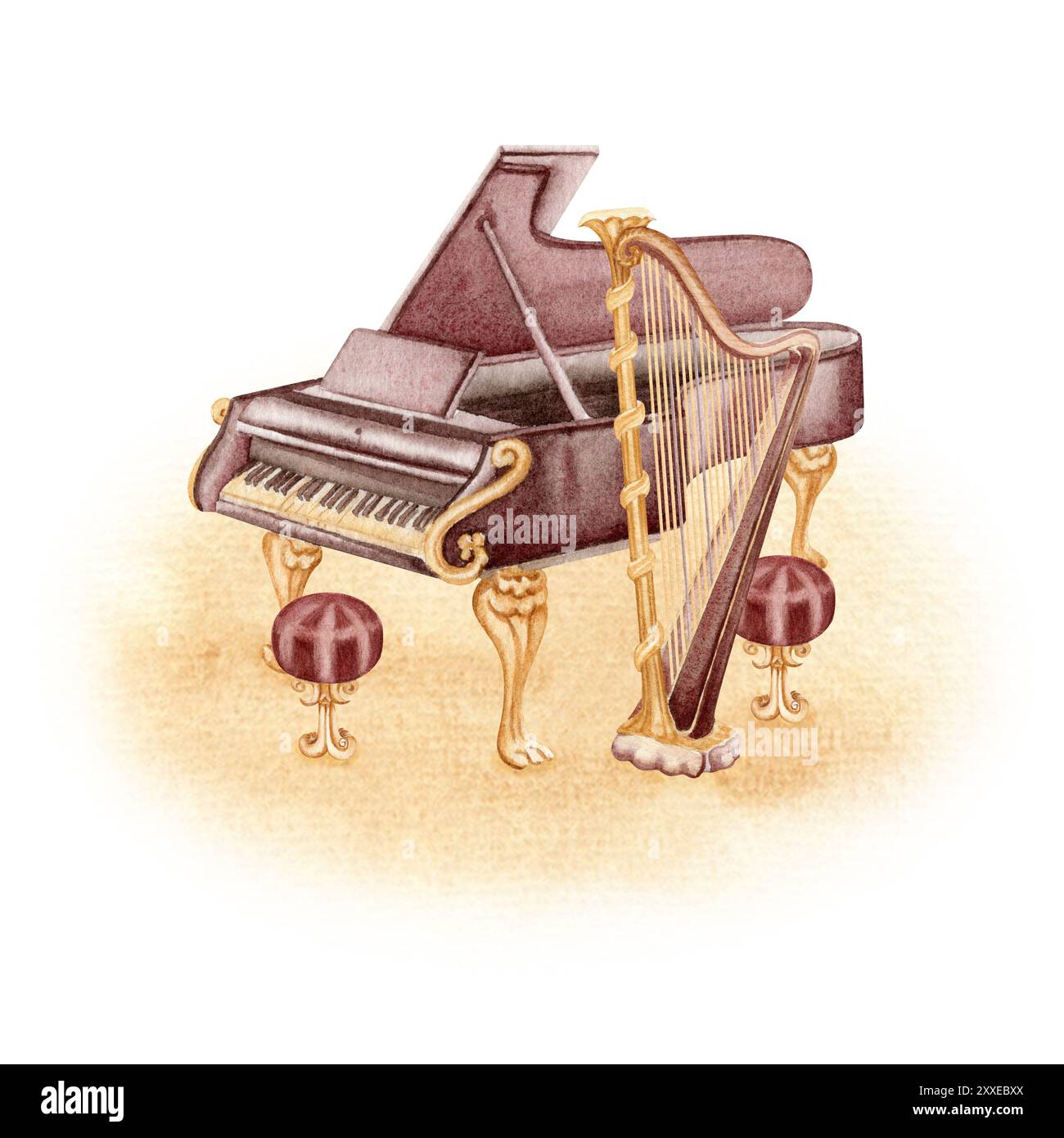 Classical Grand Piano musical instrument. Antique vintage Harp hand ...