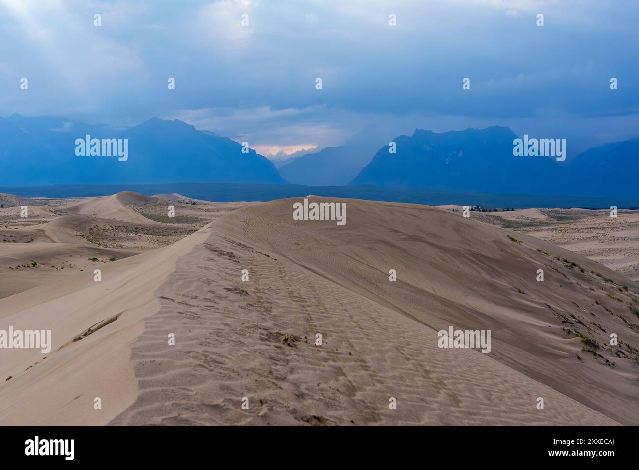 A vast landscape of rolling desert dunes under a dramatic sky, with ...