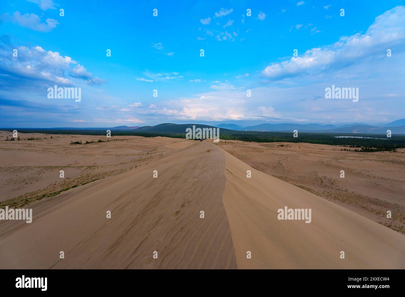 A vast landscape of rolling desert dunes under a dramatic sky, with ...