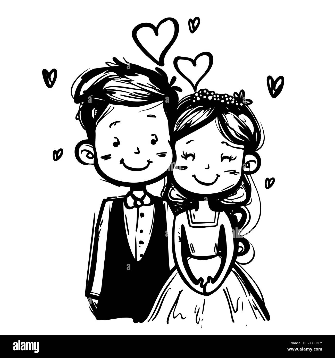 Cute Cartoon Bride and Groom with Hearts Stock Vector Image & Art - Alamy
