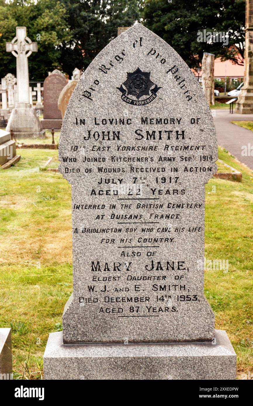 Grave of John Smith, who died in World War One at Bridlington Priory ...