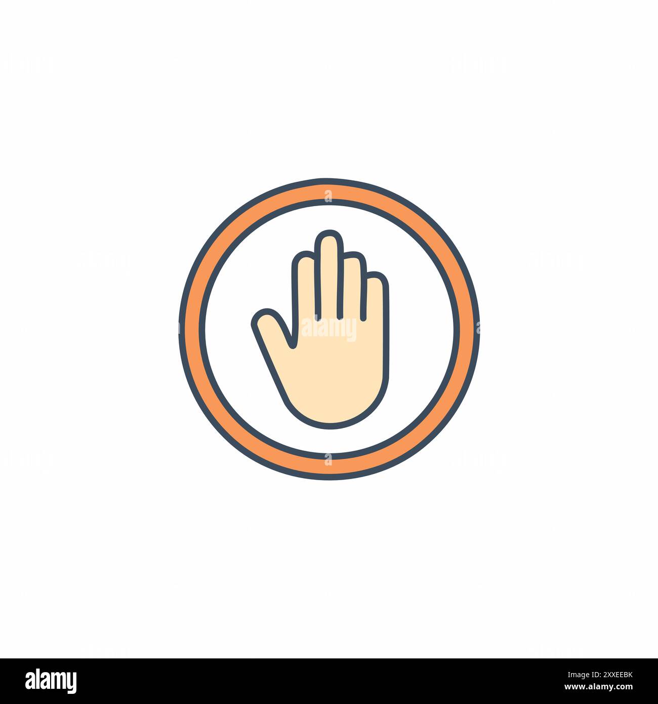 Stop sign hand icon. An orange circle with a blue outline containing a ...