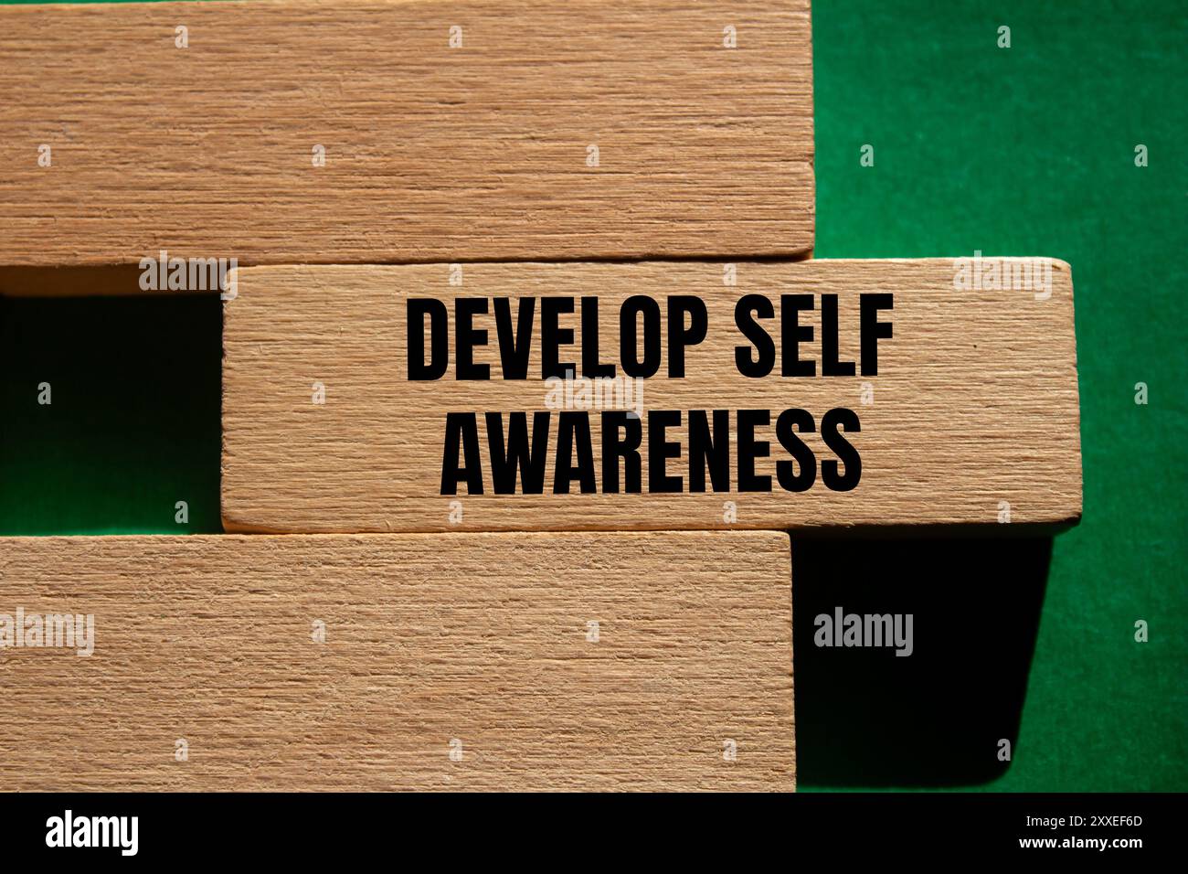 Develop self awareness message written on wooden block with green ...