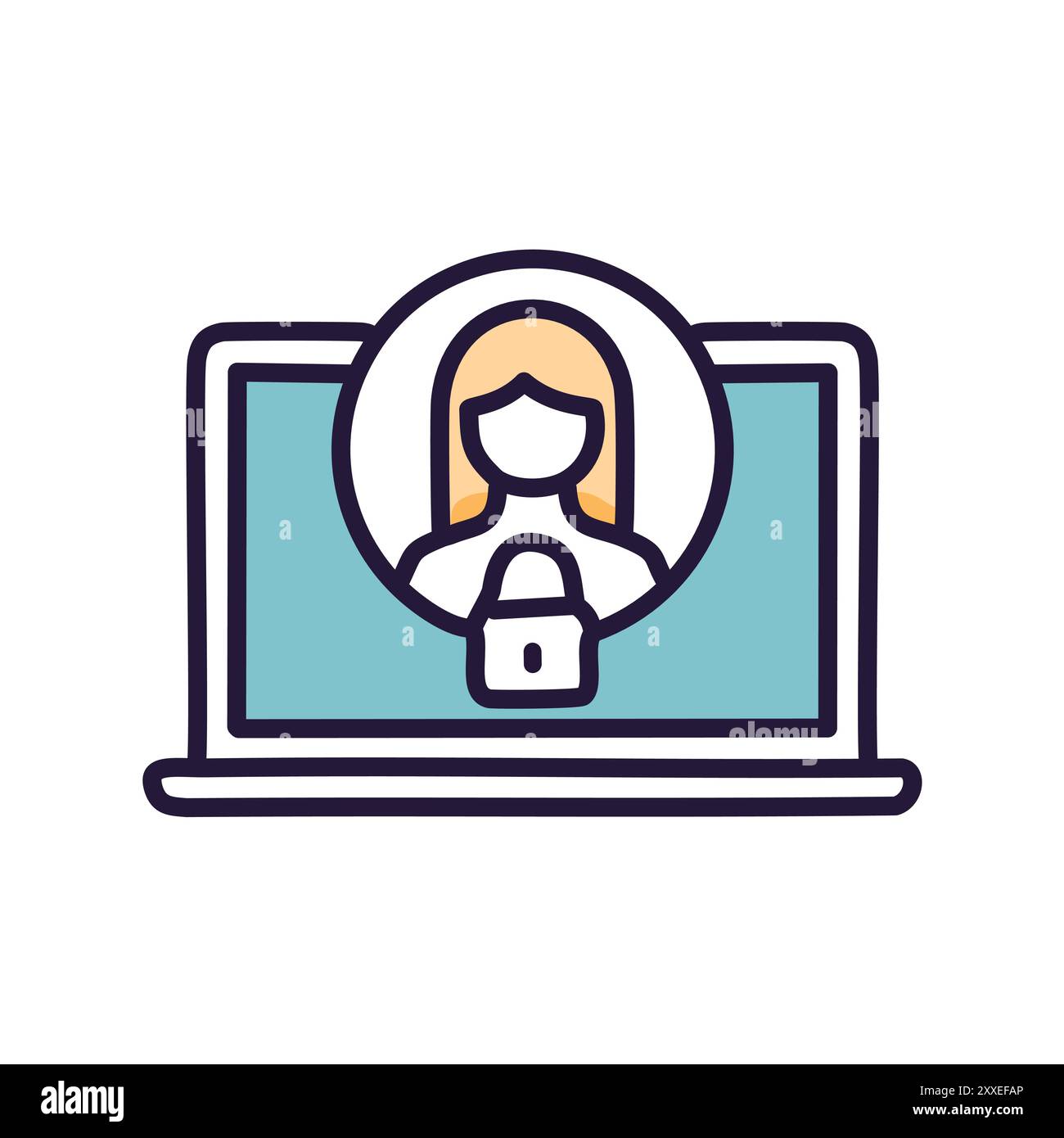 Secured user account on laptop. A cartoon laptop displaying a user icon ...