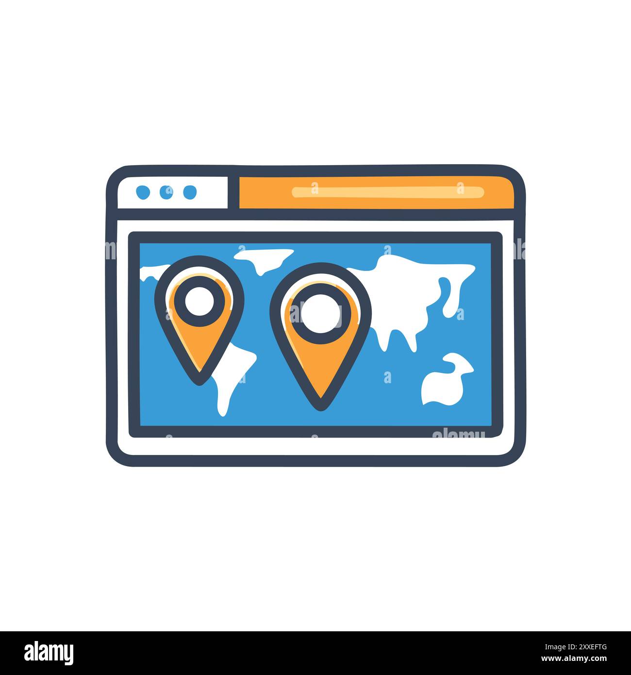 Global website map with pins. Illustration of a web browser window showing a world map with two ...