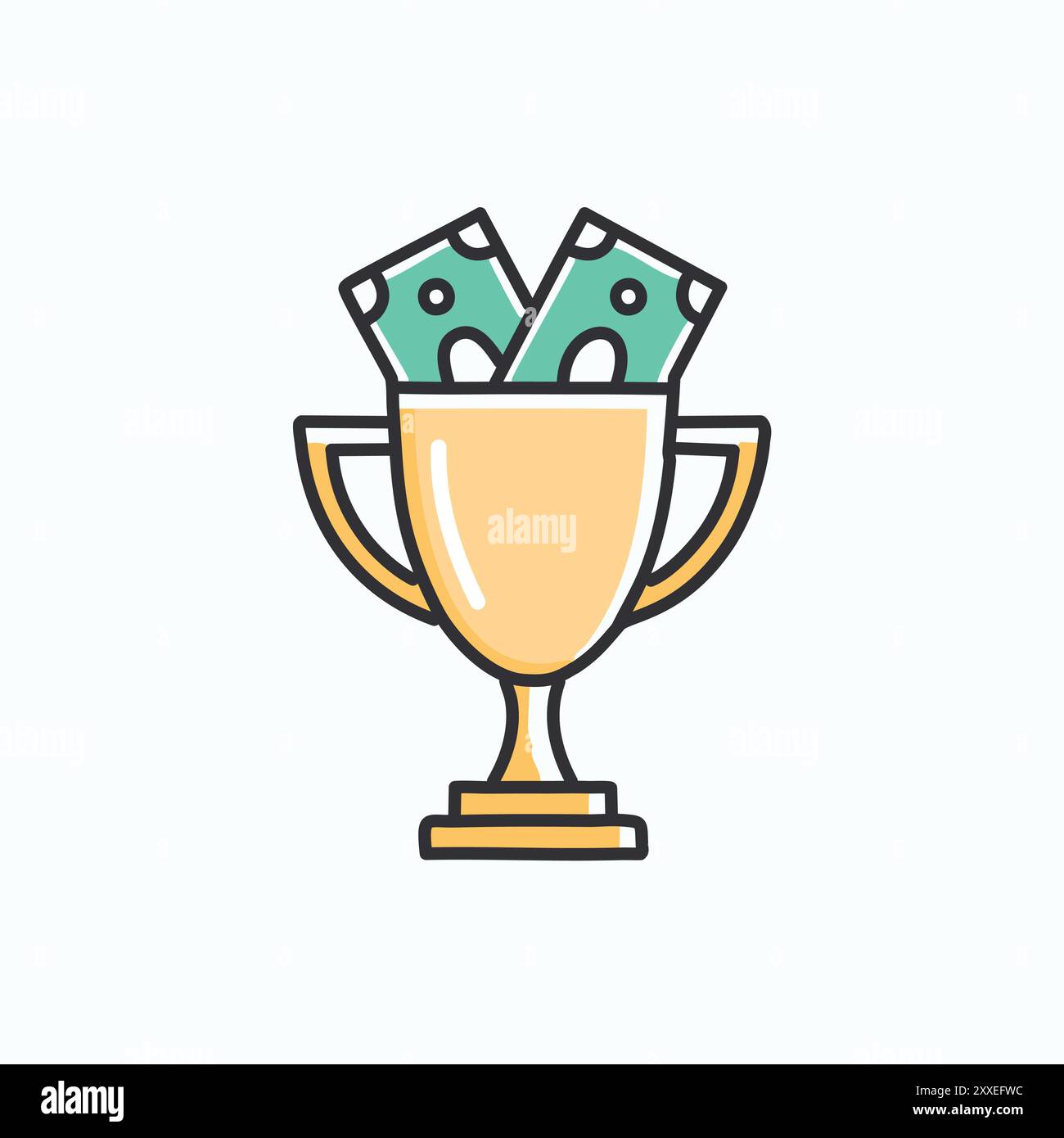 Gold trophy filled with money. A golden trophy with cash spilling out ...