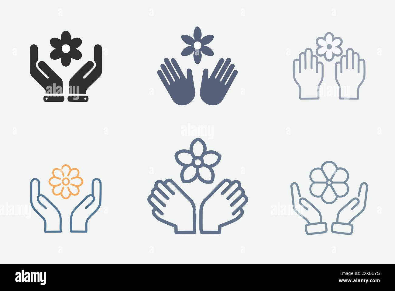 Hands protecting a flower icon set. Colorful vector icon set of hands ...