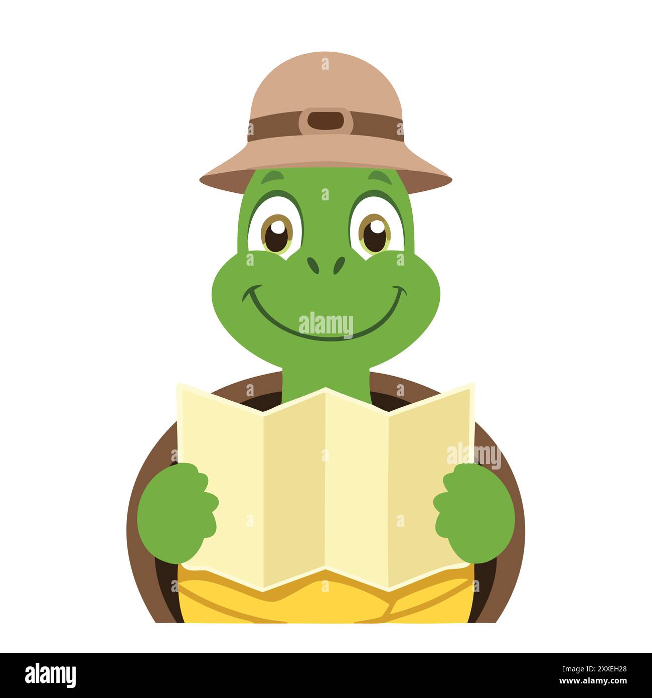 Happy turtle traveler with map. A cheerful turtle wearing a safari hat ...