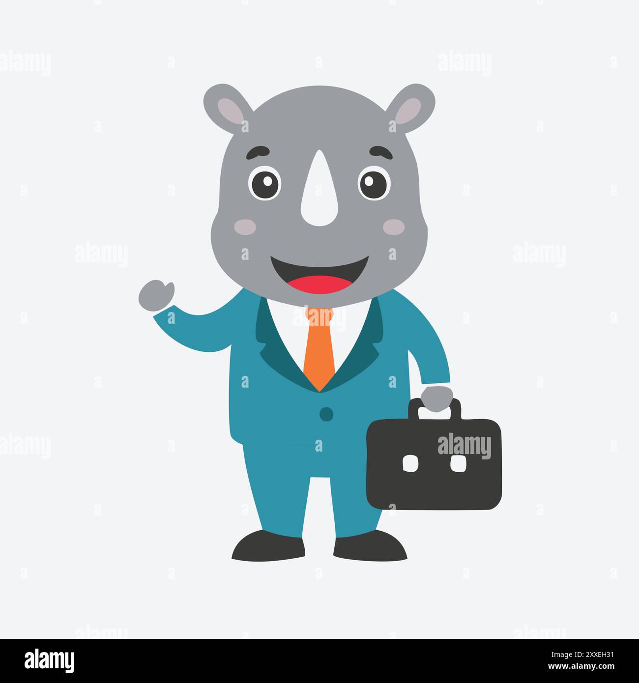 Happy rhino businessman with briefcase. A cute rhinoceros in a suit and ...