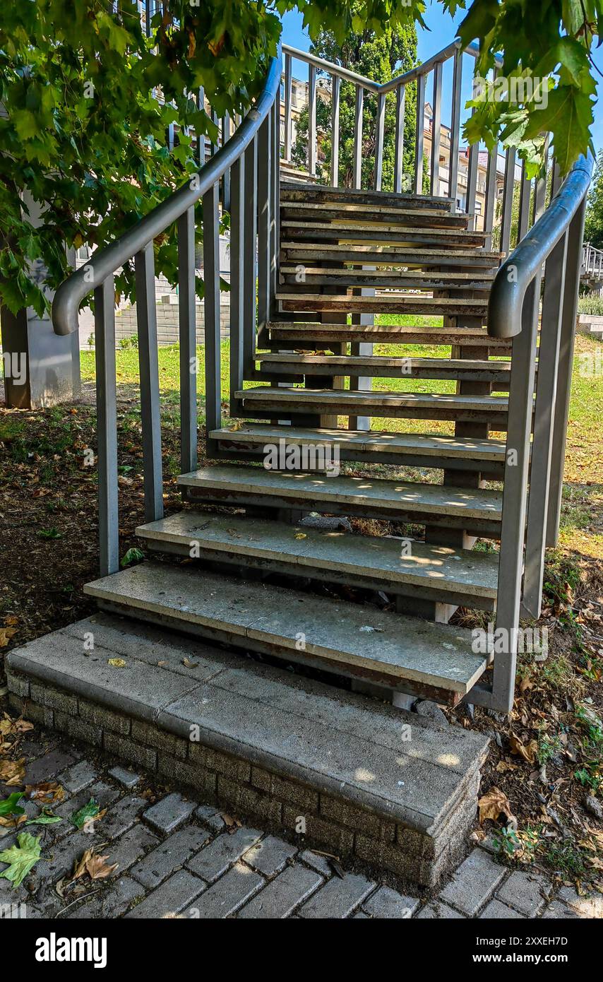 Curve Angle of Public Concrete Staircase with Metal Fence Handrail ...