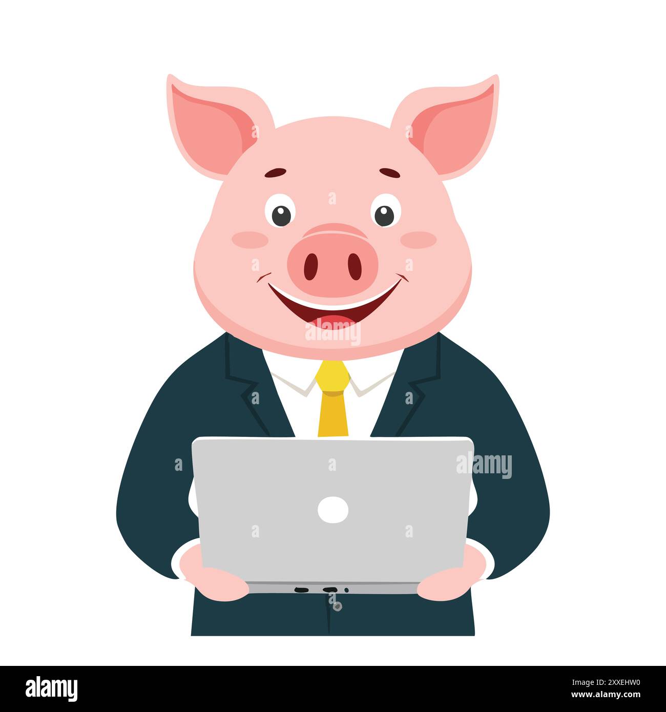 Smiling pig in suit uses laptop. A friendly cartoon pig dressed in a ...
