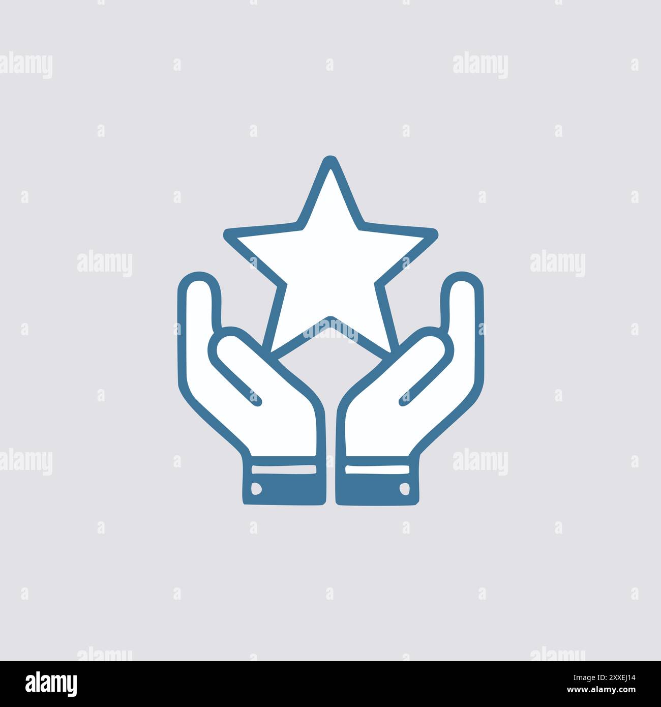 Hands holding star icon. Blue outline icon of two hands holding a star ...