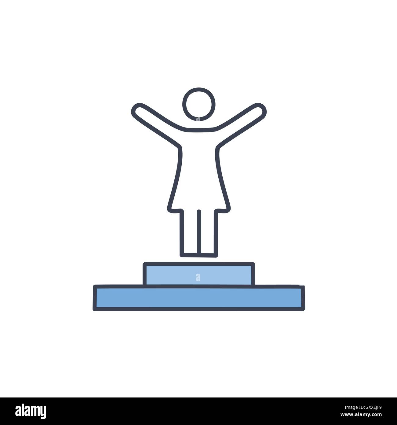 Woman standing on podium with arms raised. Simple line drawing of a ...