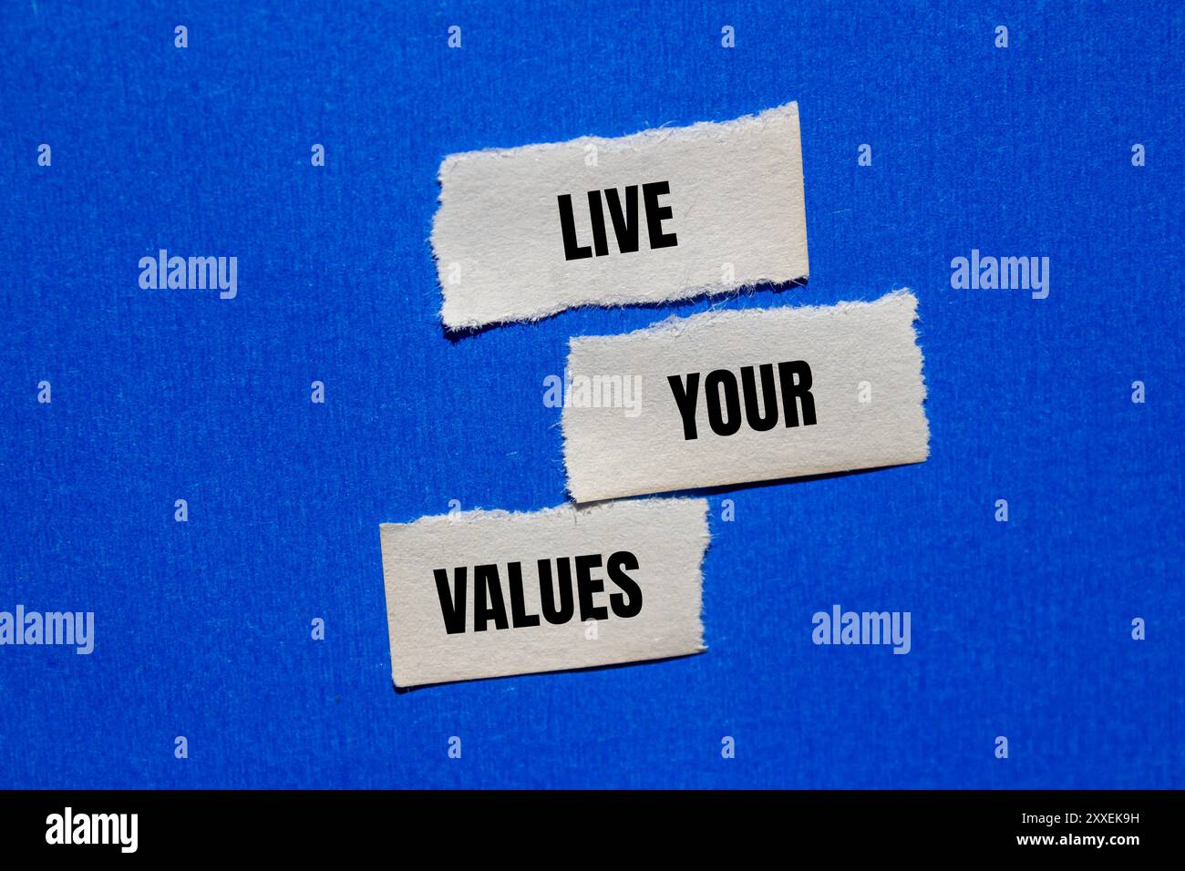 Live your values message written on ripped torn paper peices on blue ...