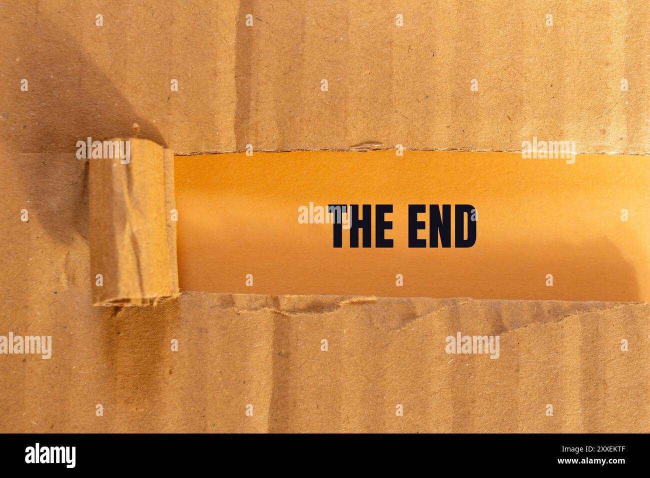 The end message written on ripped torn cardboard paper with orange ...