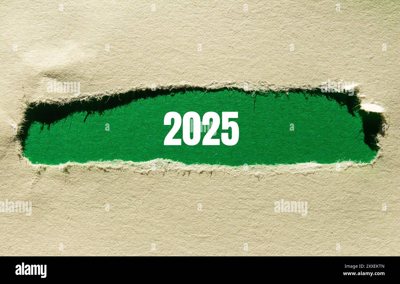 2025 message written on ripped torn paper with green background. Conceptual 2025 symbol. Copy ...