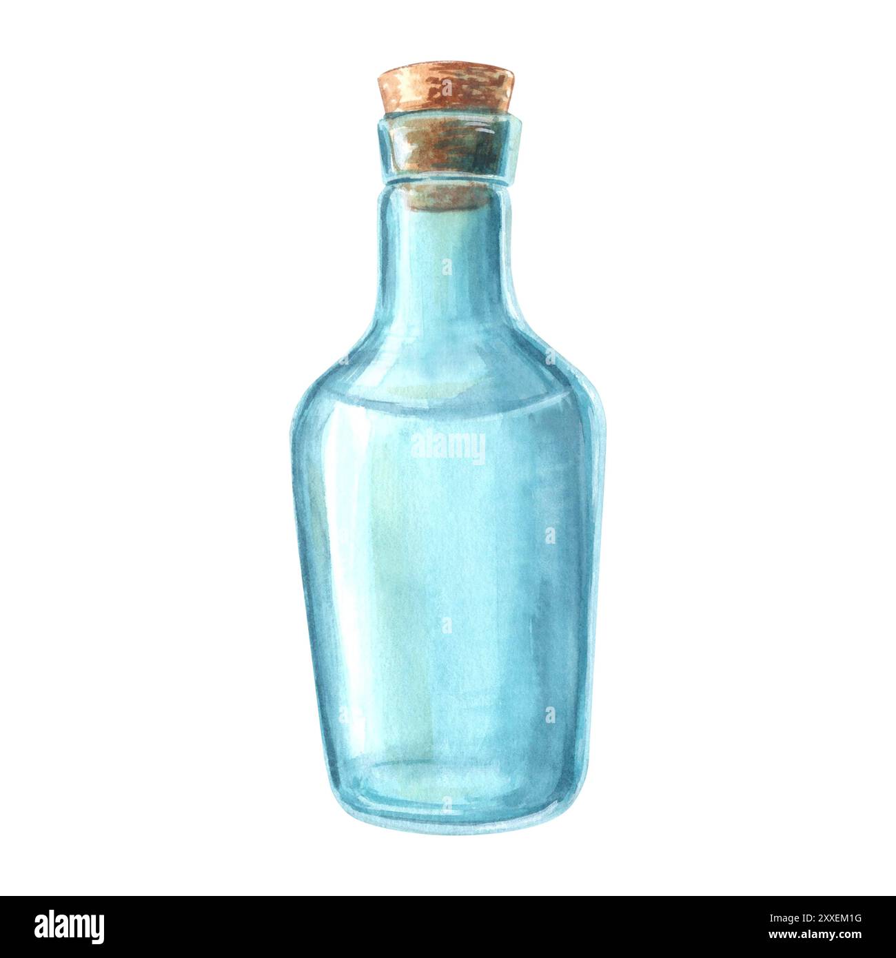 Glass empty bottle with cork. Transparent vessel for magic potion or ...