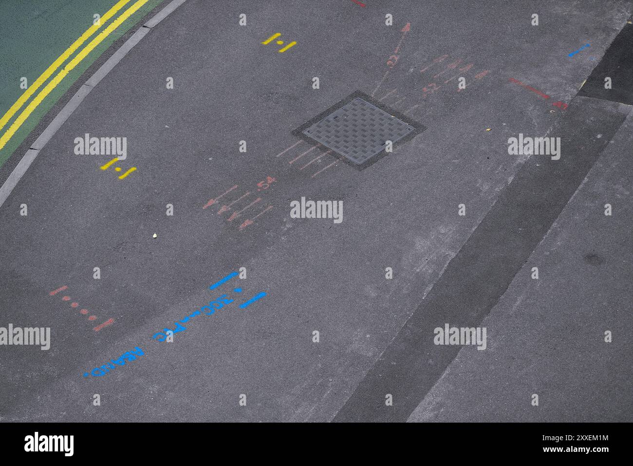 Spray paint markings on pavement showing utility codes for road works ...