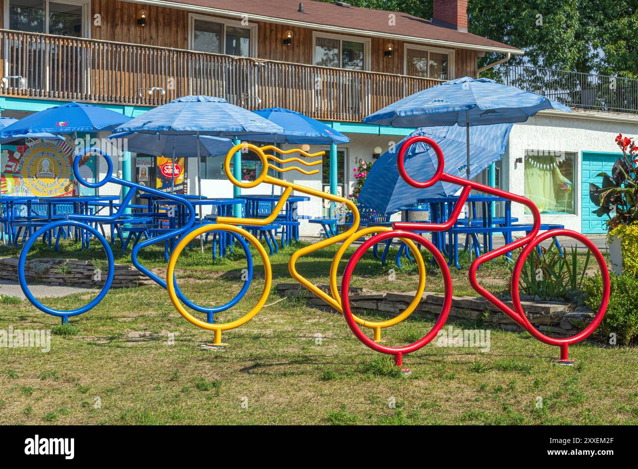 Colourful bicycle racks are available for cyclists at various points ...