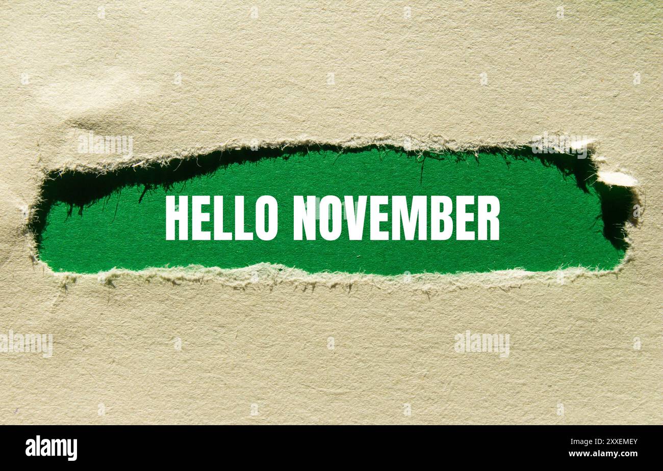 Hello november message written on ripped torn paper with green ...