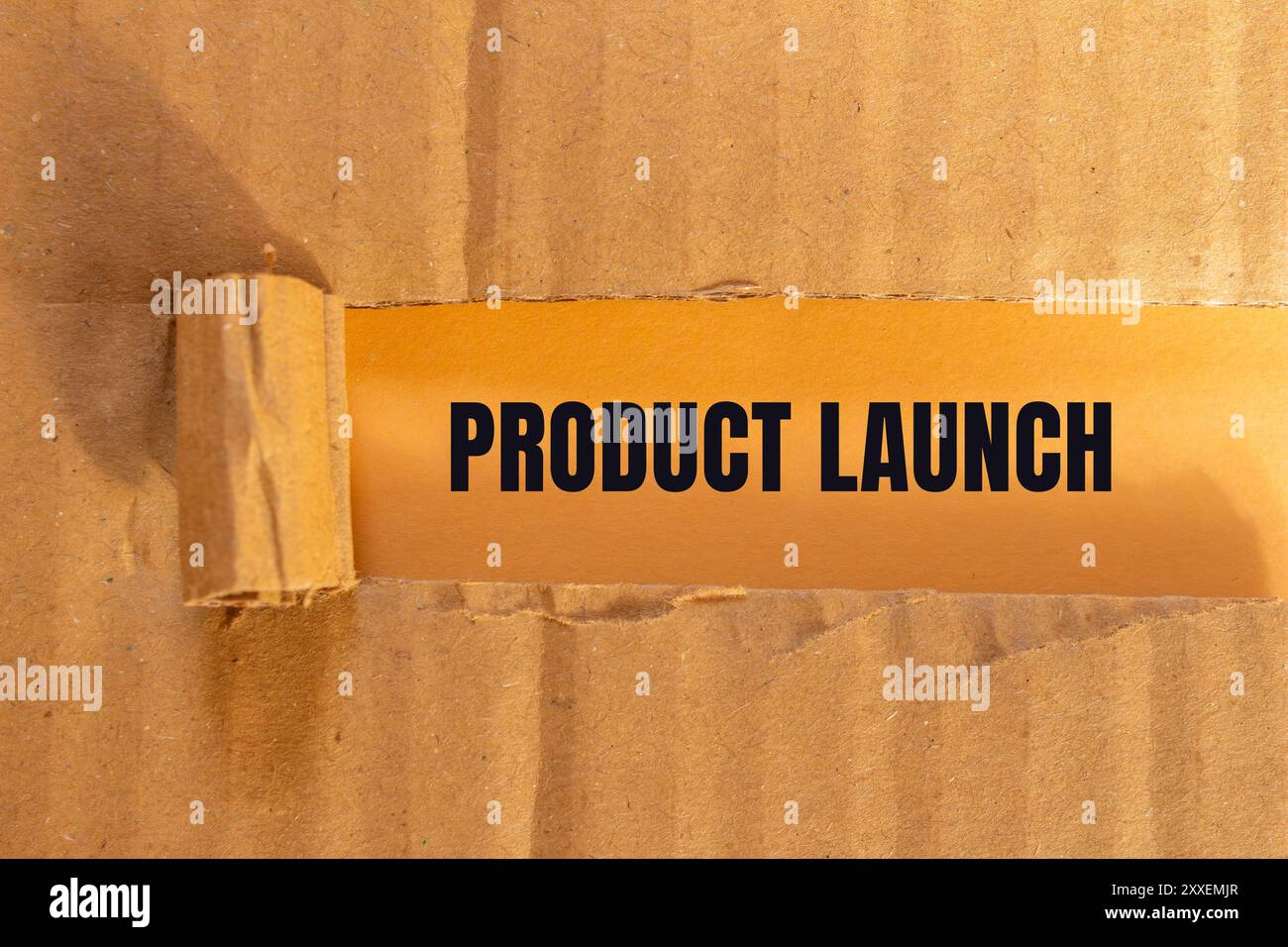 Product launch message written on ripped torn cardboard paper with ...
