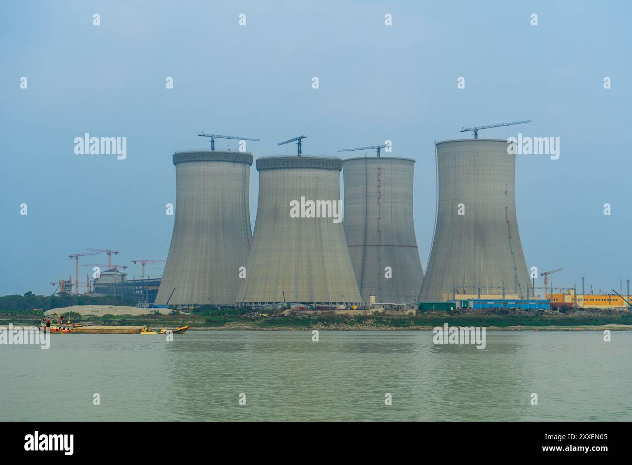 Cooling towers of Ruppur Nuclear power Plant, Bangladesh. View from the ...
