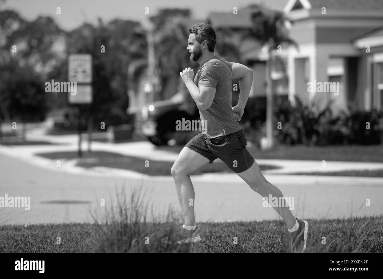Sport runner. Man running. Fit male sport fitness model sprinting ...