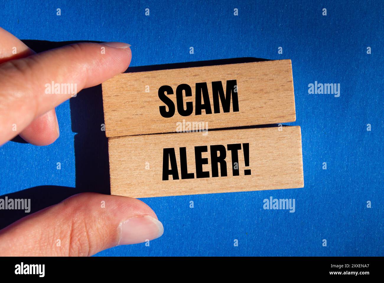 Scam alert message written on wooden blocks on blue background ...