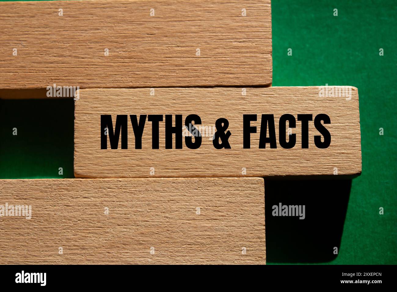 Myths and facts message written on wooden block with green background ...
