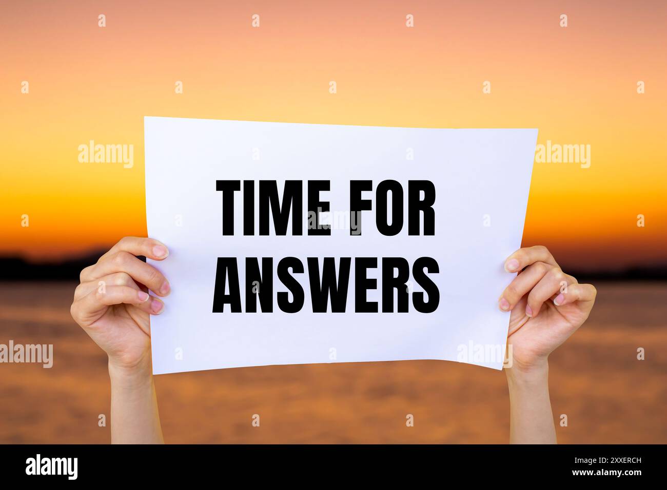 Time for answers message written on white paper with blurry lake ...
