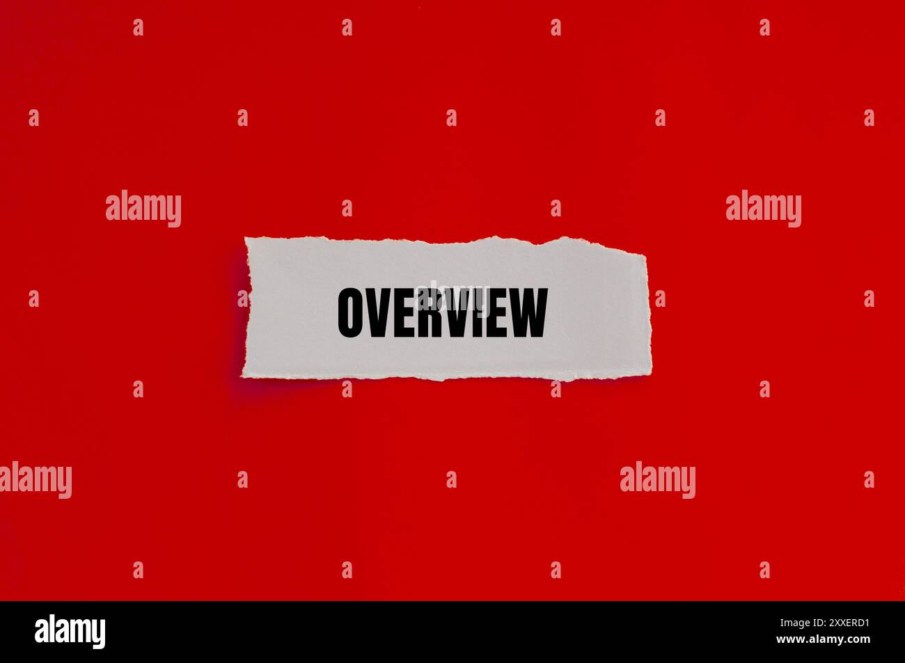 Overview word written on ripped torn paper piece with red background ...