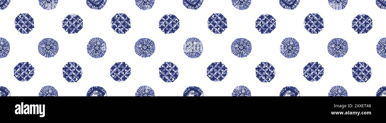 Indigo blue Japanese dot block print effect border. Seamless hand made ...