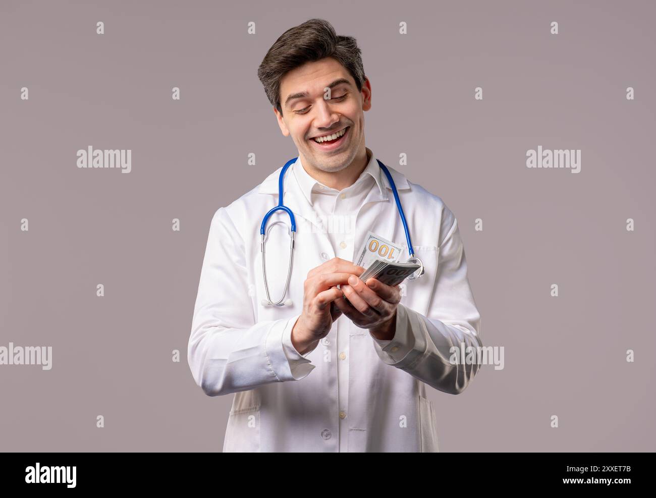 Rich doctor man counting money. Handsome medical health care worker in ...
