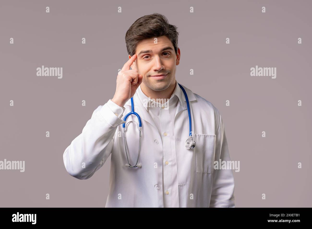 Brainy doctor man with gesture - you, think about it. Looking camera on ...