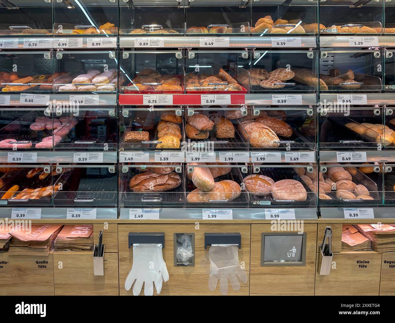 Germany Berlin August 17, 2024. Bakery showcase with sign. The showcase ...