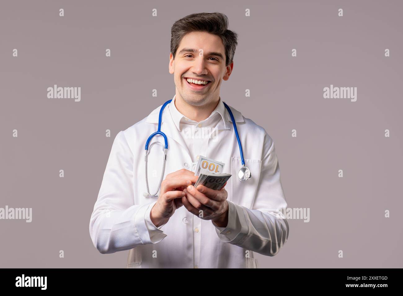 Rich doctor man counting money. Handsome medical health care worker in white coat with USD ...