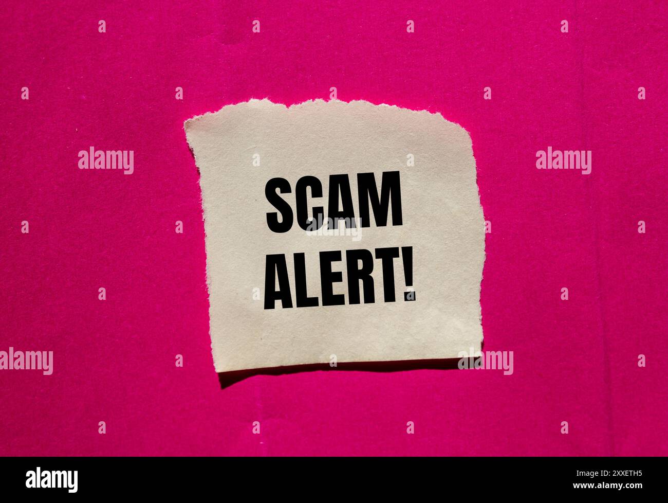 Scam alert message written on ripped torn paper piece on pink ...
