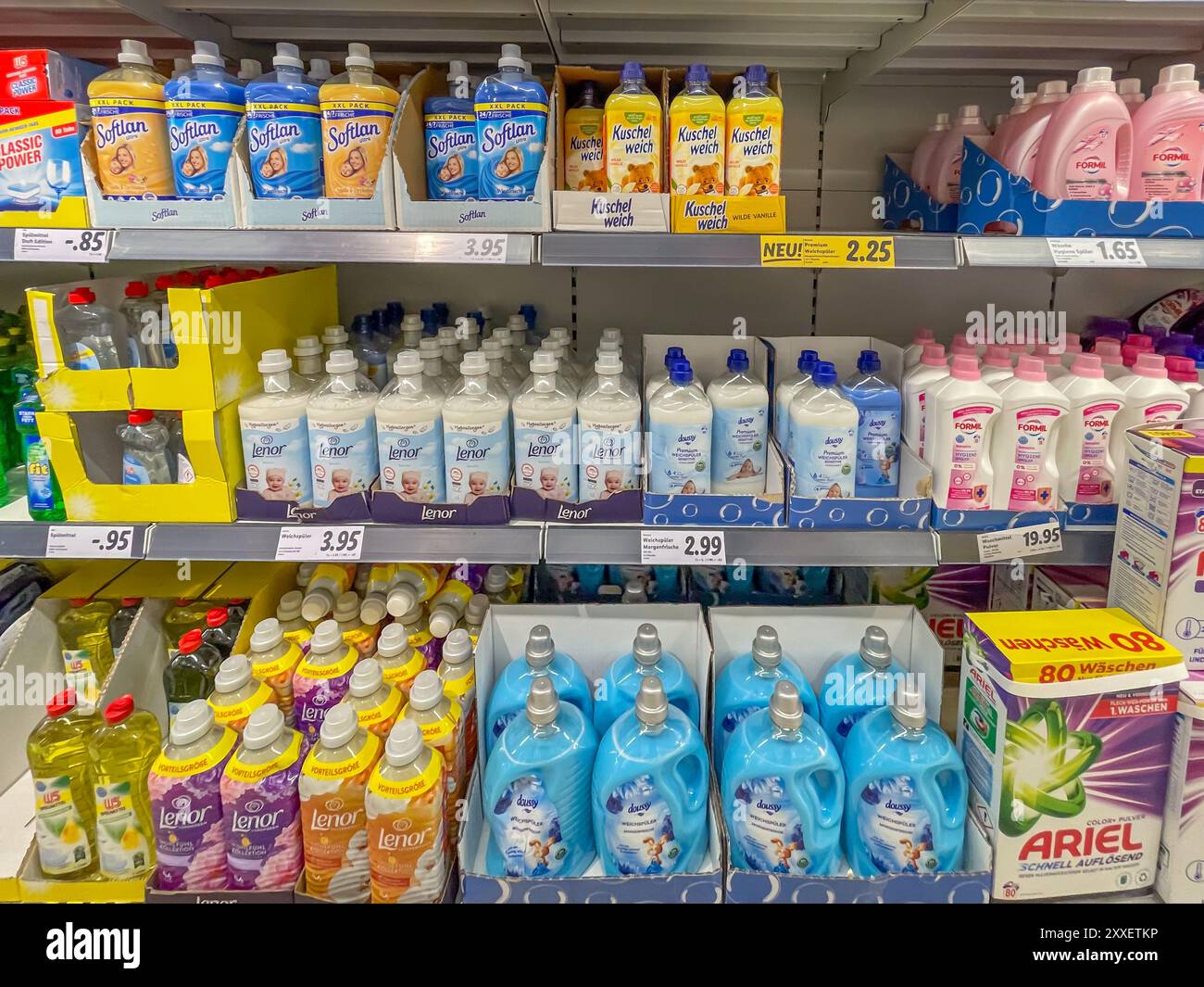 Germany Berlin August 23, 2024. A store shelf with many bottles of ...