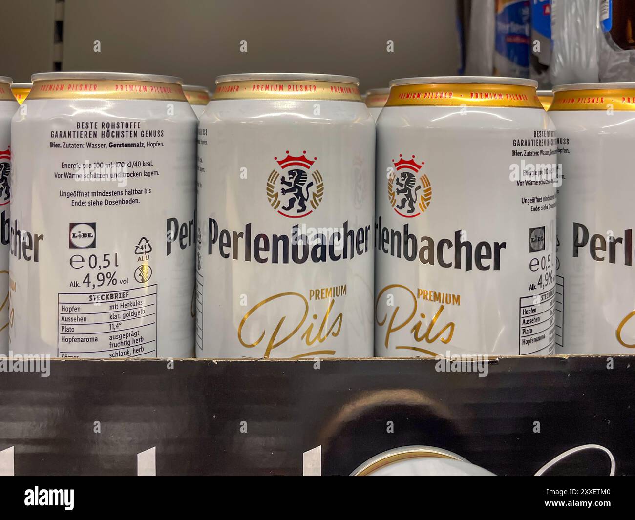 Germany Berlin August 23, 2024. Row of Perlenbacher Premium Pilsen cans ...