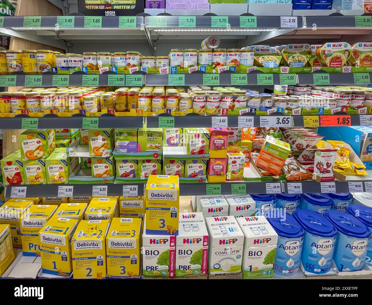 Germany Berlin August 23, 2024. A store shelf with many different types ...
