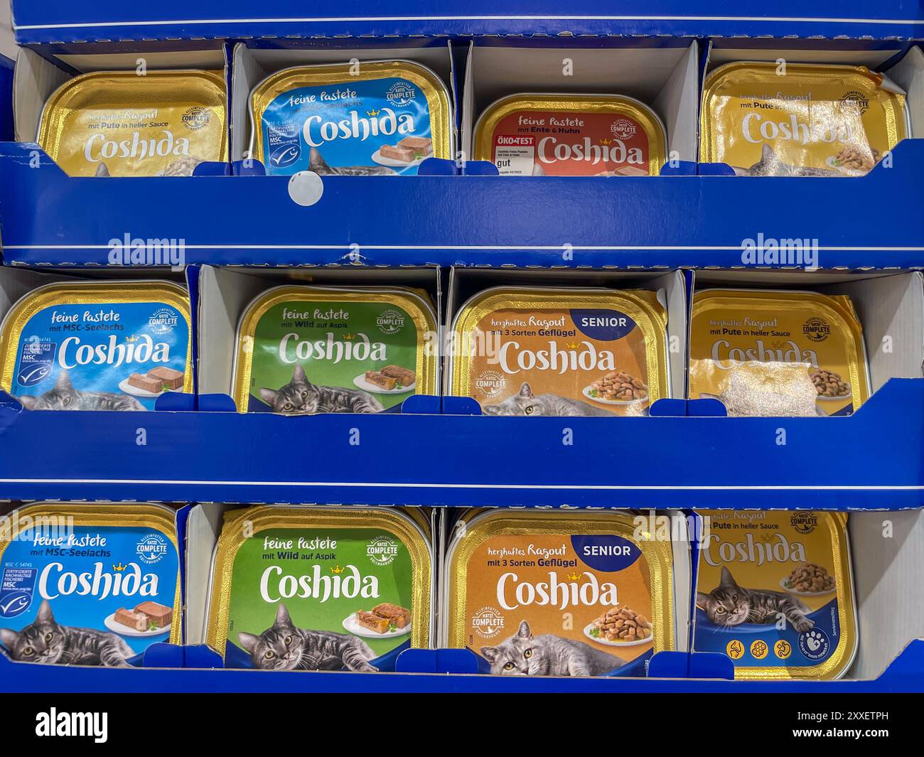 Germany Berlin August 23, 2024. A row of cat food cans from the company ...