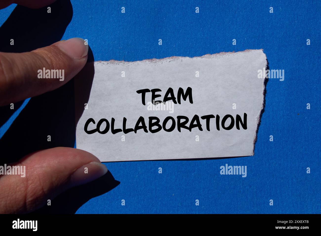 Team collaboration message written on ripped torn paper with blue ...