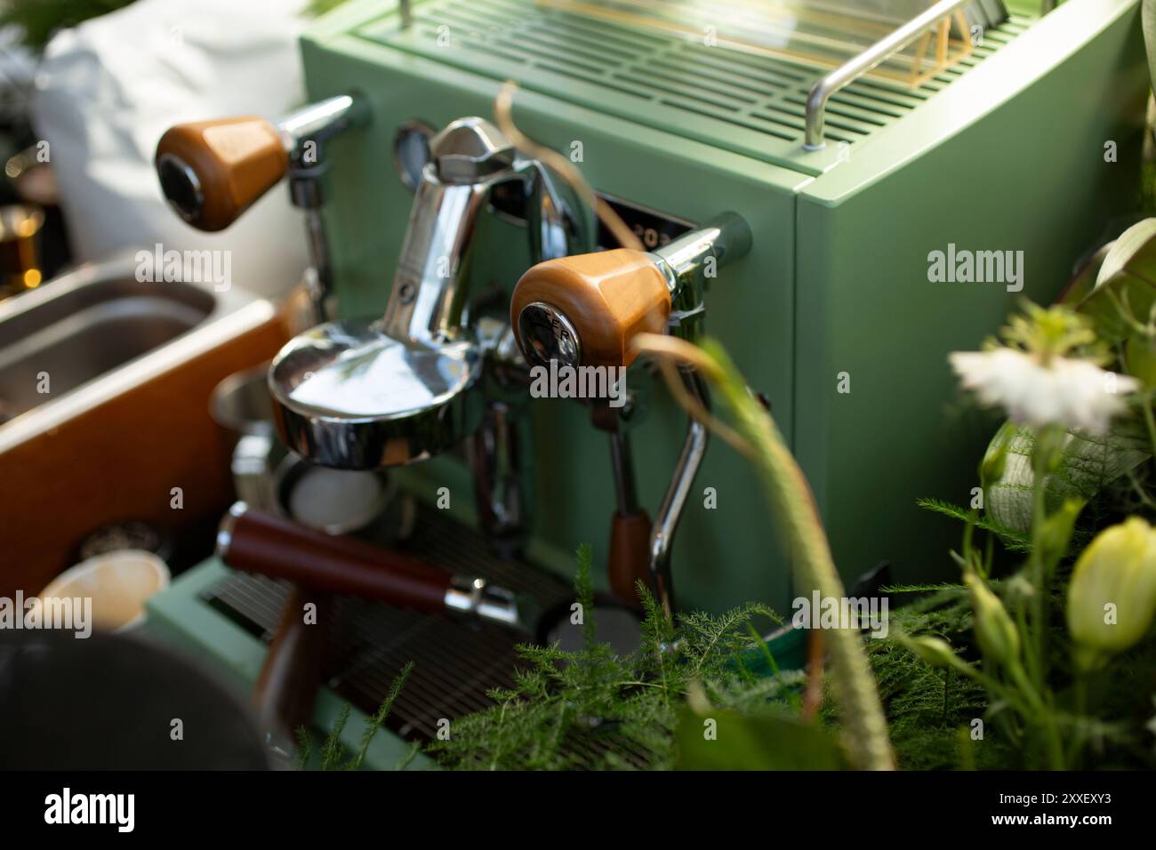 A view of a green retro espresso machine Stock Photo - Alamy