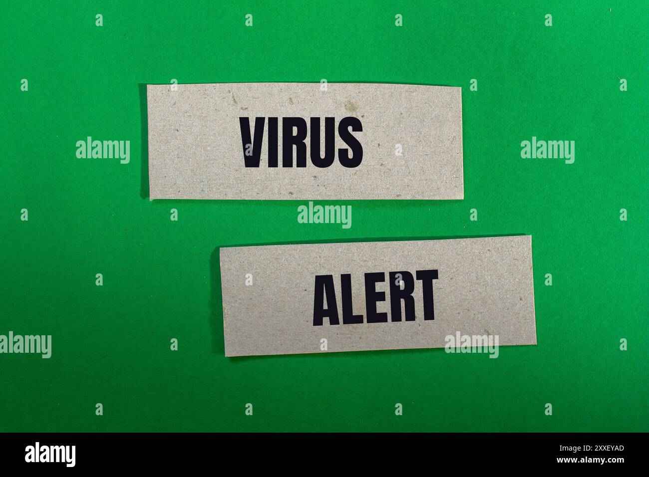 Virus alert message written on paper pieces with green background ...