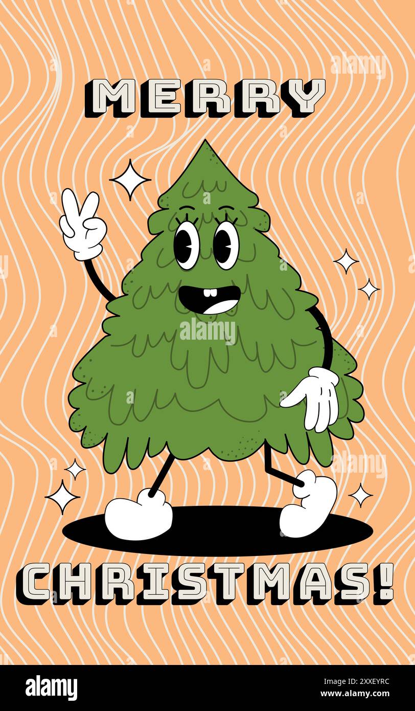 Christmas tree groovy card. Vector illustration in trendy retro style ...