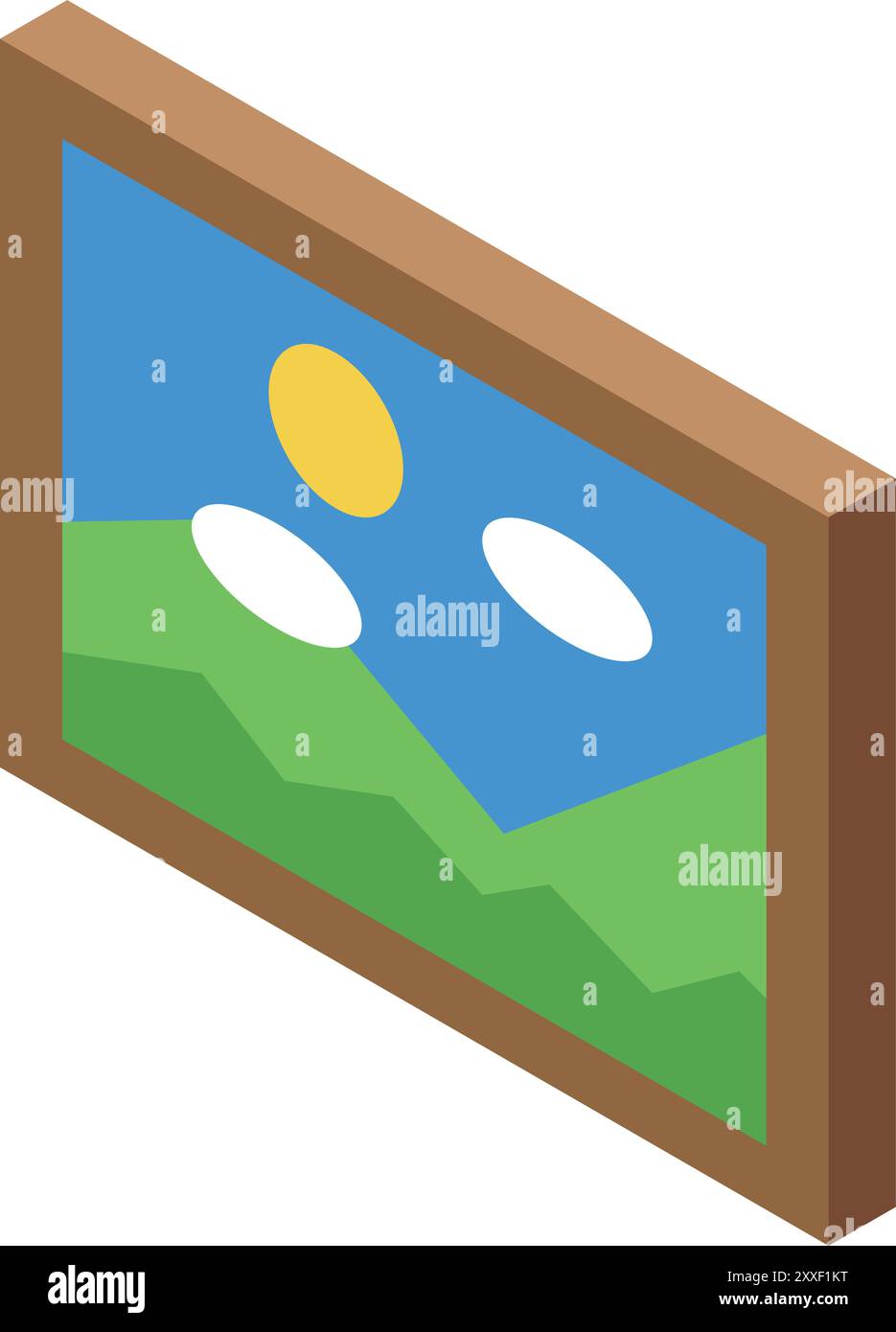 Isometric picture frame depicting a green hill landscape with blue sky ...
